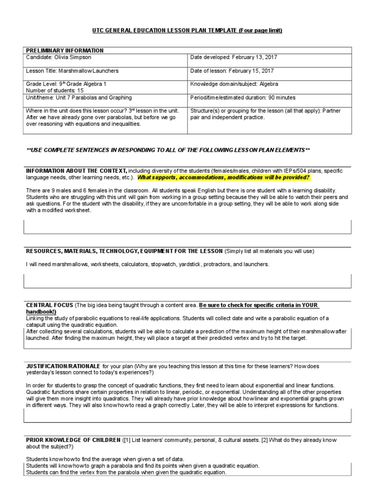 Parabola Catapult Lesson Plan | PDF | Educational Assessment ...