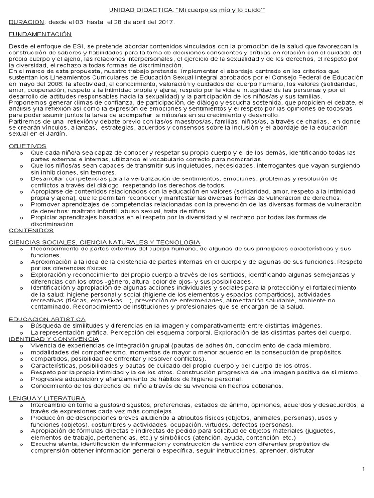 UNIDAD Didactica El Cuerpo y ESI 5 Años | PDF