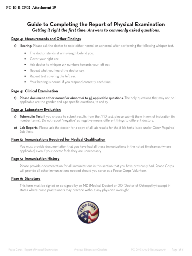 Peace Corps Report of Physical Examination - Guide - Att 19 Report of ...