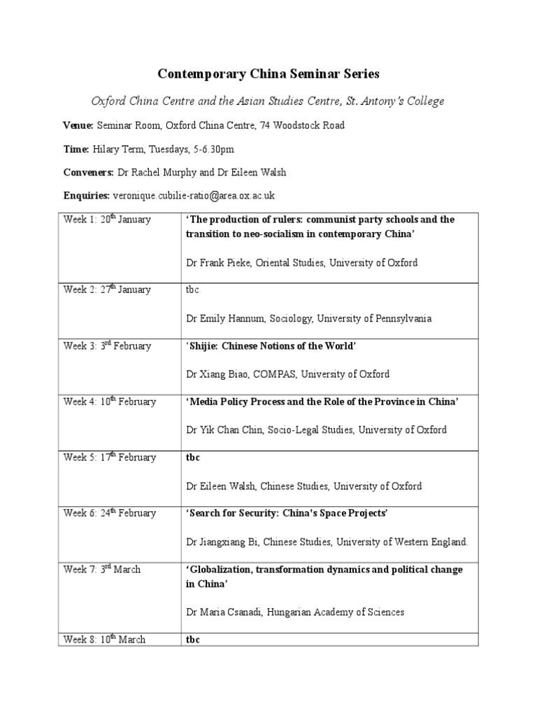 Contemporary China Seminar Series: Oxford China Centre and The Asian ...