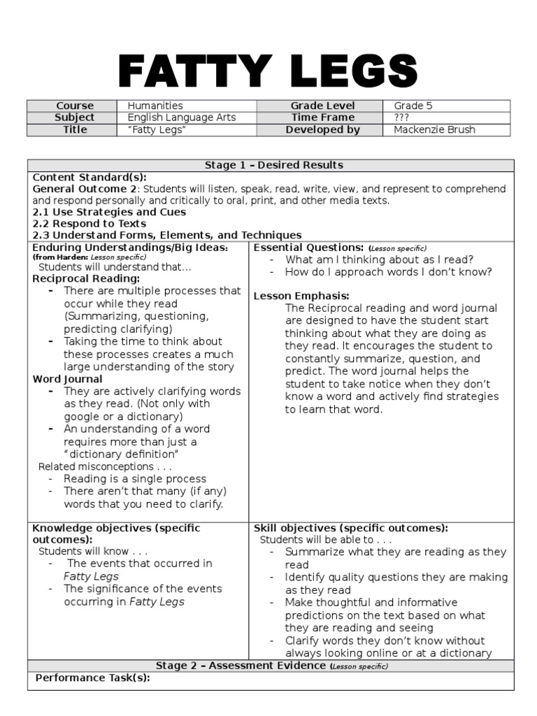 fatty legs lesson plan | Reading (Process) | Educational Assessment