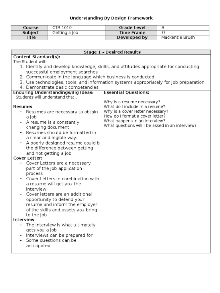 Part II Getting A Job Ubd Lesson Plan | PDF | Résumé | Interview