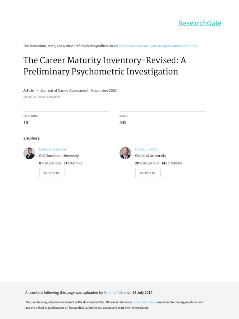 The Career Maturity Inventory Revised A Preliminary Psychometric ...