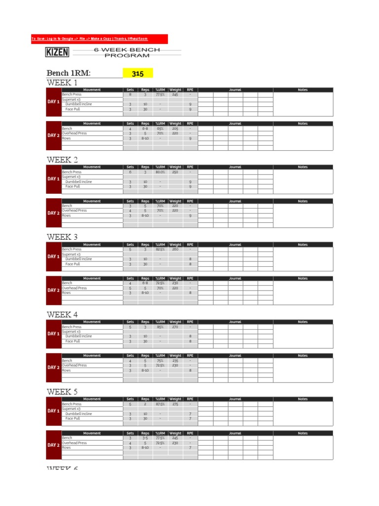 KIZEN 6 Week Bench Program | PDF | Recreation | Individual Sports