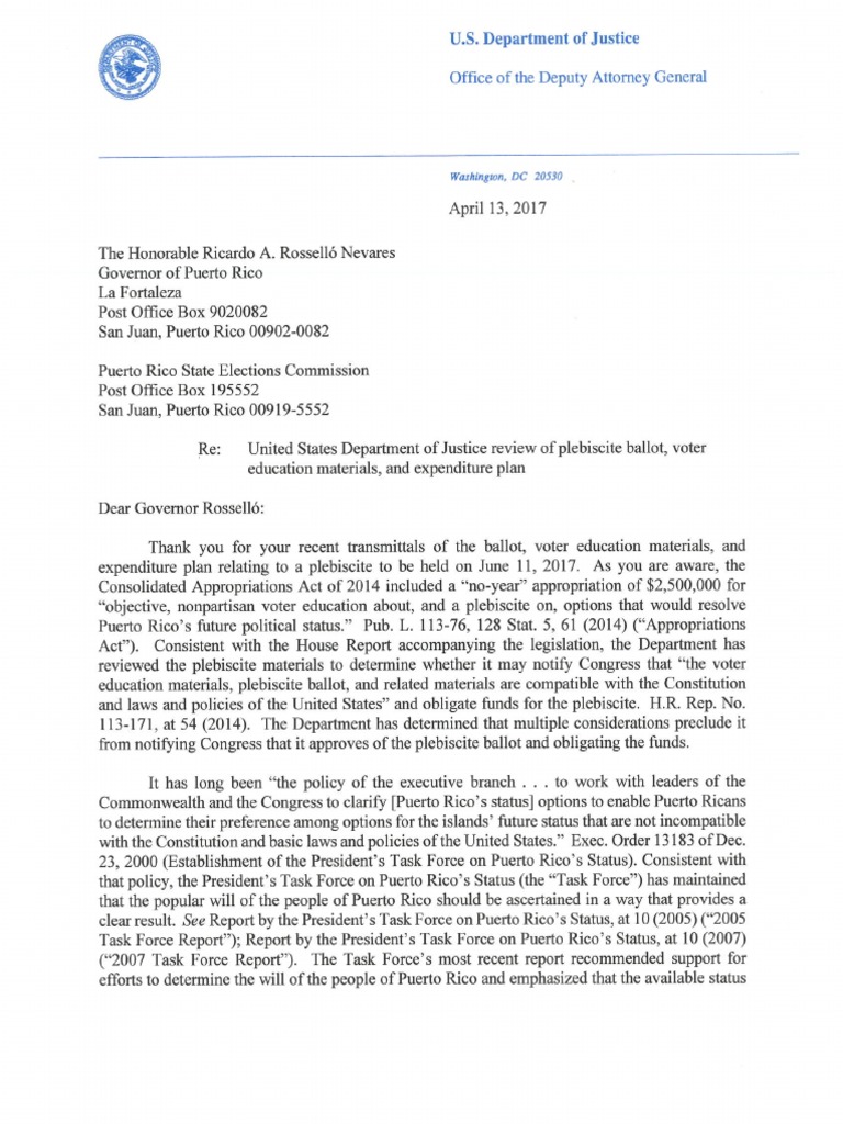 Department of Justice Letter to Puerto Rico Gov. Ricardo Rosselló | PDF