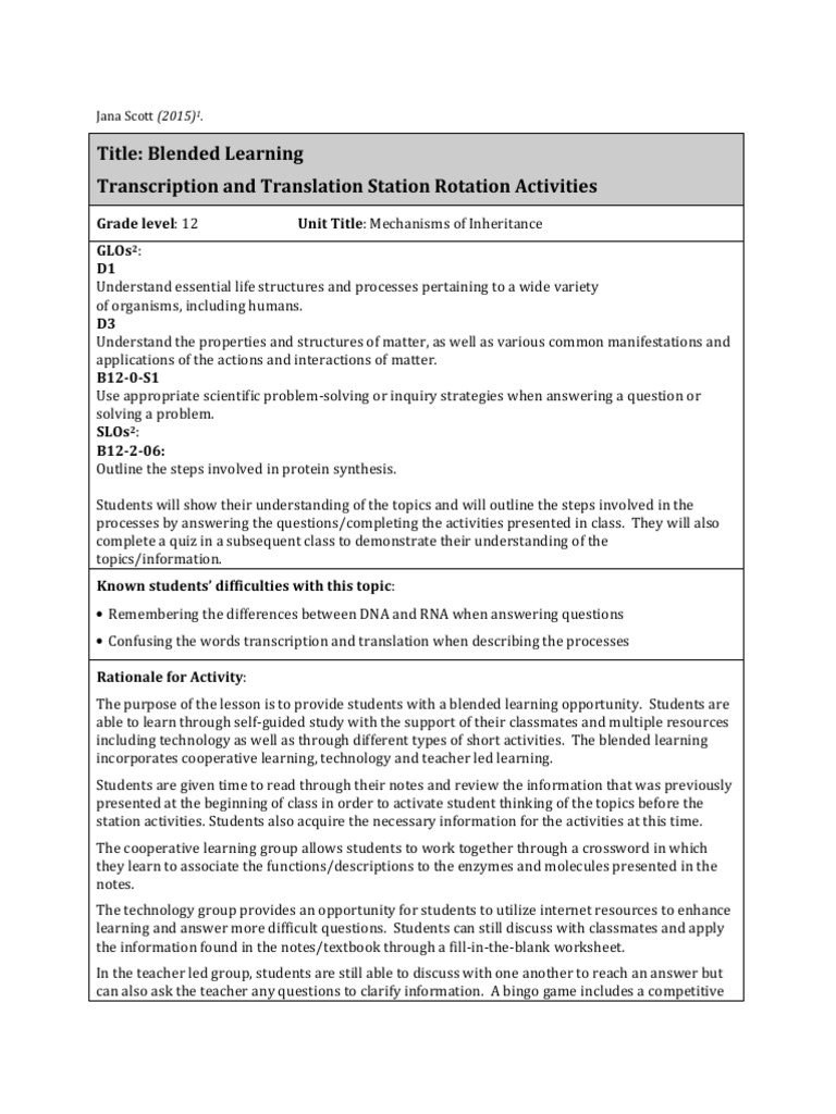 Transcription and Translation Blended Learning Lesson Plan | PDF ...
