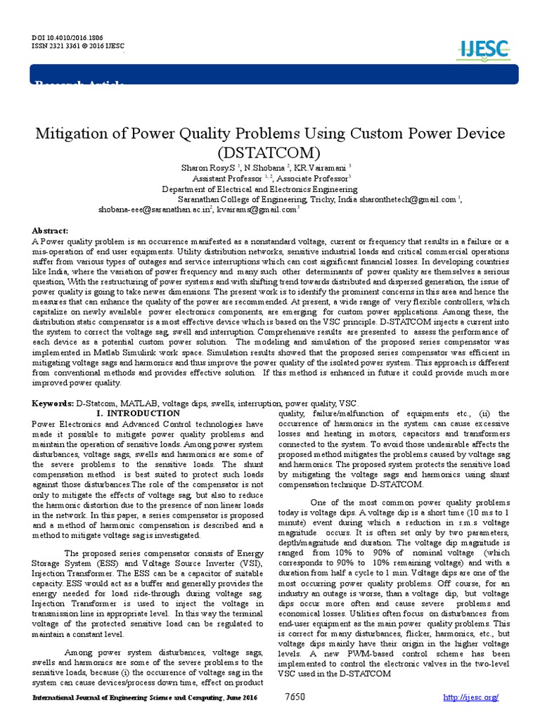 Mitigation of Power Quality Problems Using Custom Power Device | PDF | Power Electronics | Ac Power