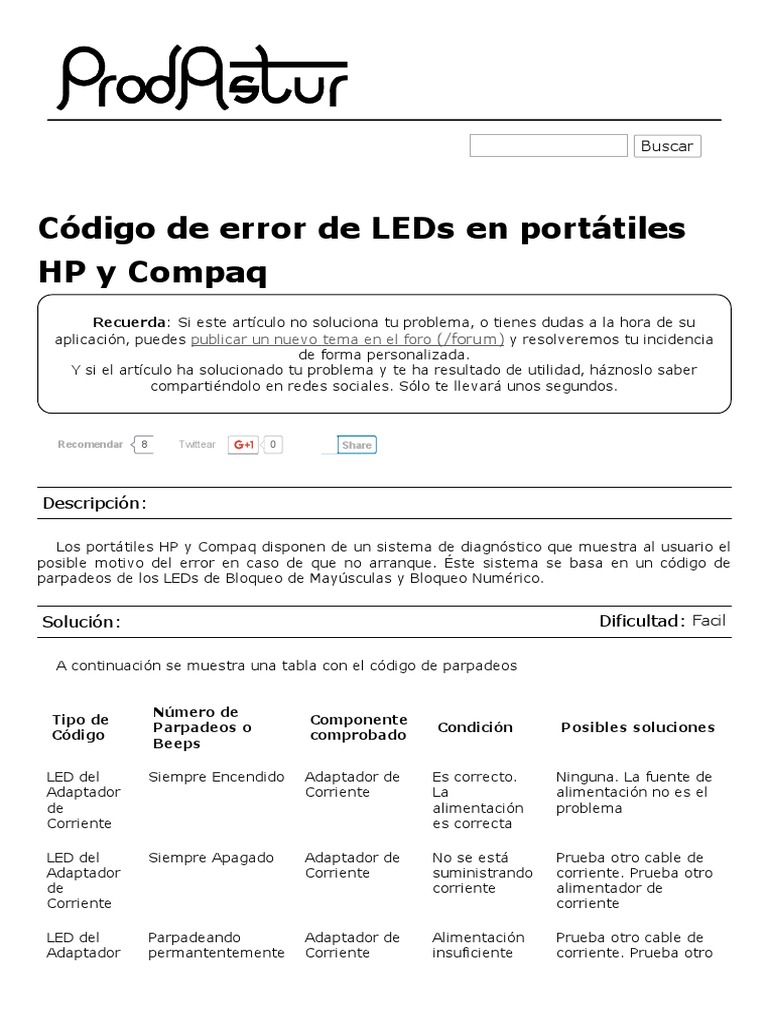 Código de Error de LEDs en Portátiles HP y Compaq | Bios | Diodo emisor ...