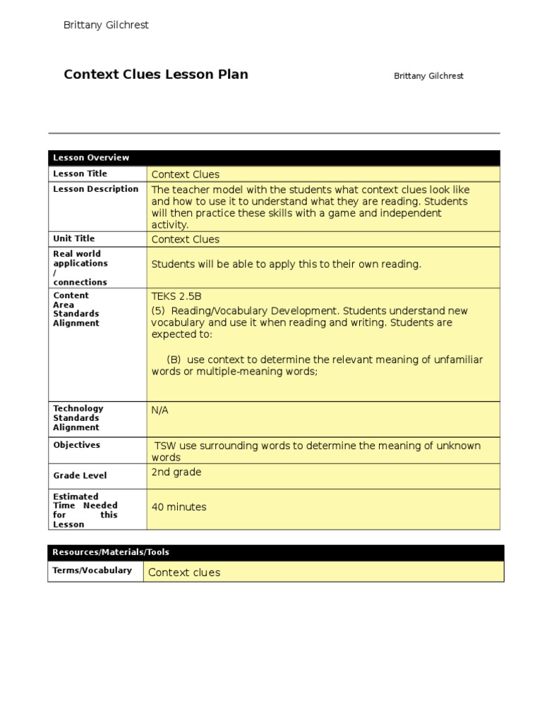Context Clues Lesson Plan | PDF | Reading (Process) | Educational ...