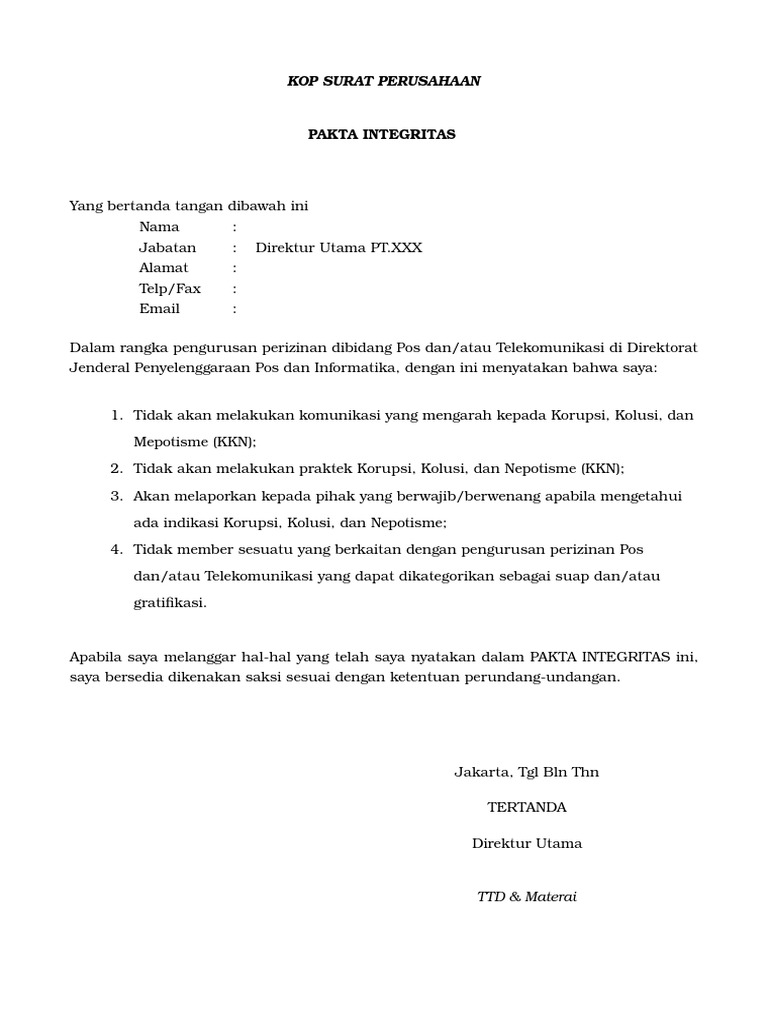 Contoh Surat Pakta Integritas | PDF