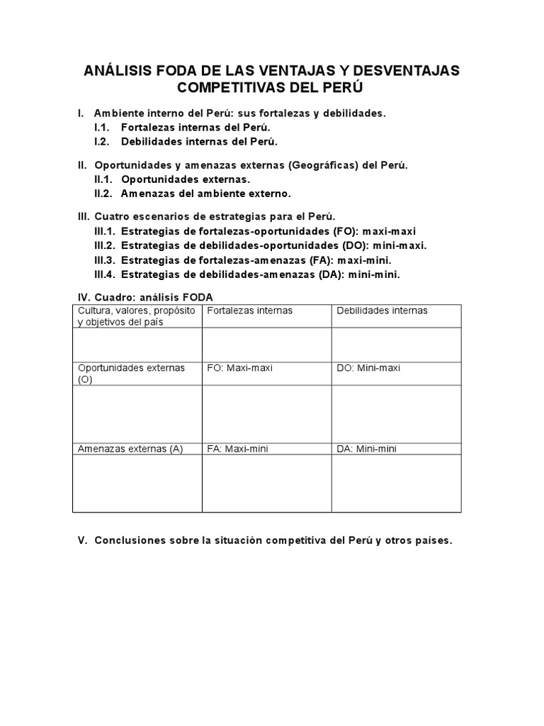 Análisis FODA: Ventajas y Desventajas del Perú | PDF