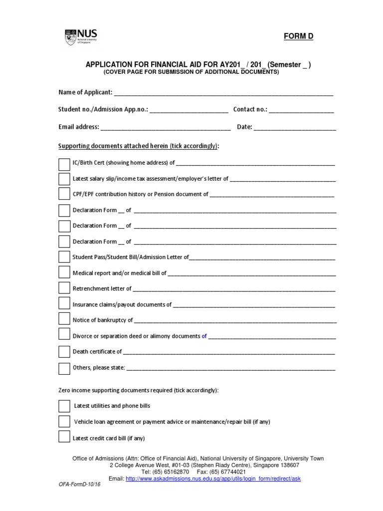 Form D financial aid application | PDF