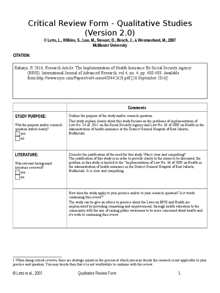 Critical Review Form - Qualitative Studies (Version 2.0) : Mcmaster ...