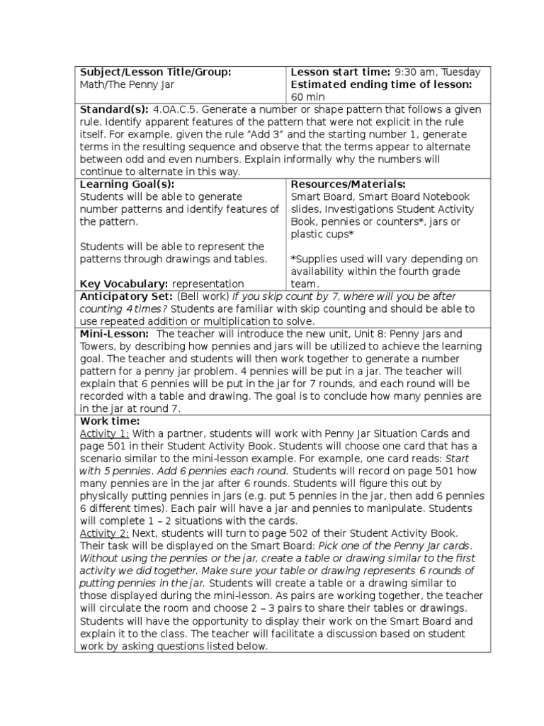 Math Lesson The Penny Jar | PDF | Educational Assessment | Applied ...