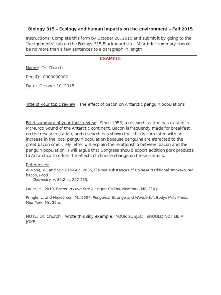Biology 315 - Ecology and Human Impacts On The Environment - Fall 2015 ...