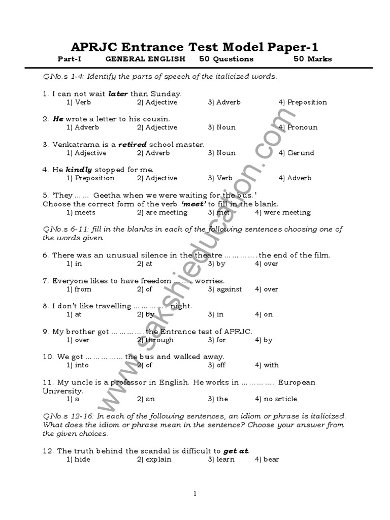 APRJC English Model Paper - 1 PDF | PDF | Adverb | Adjective