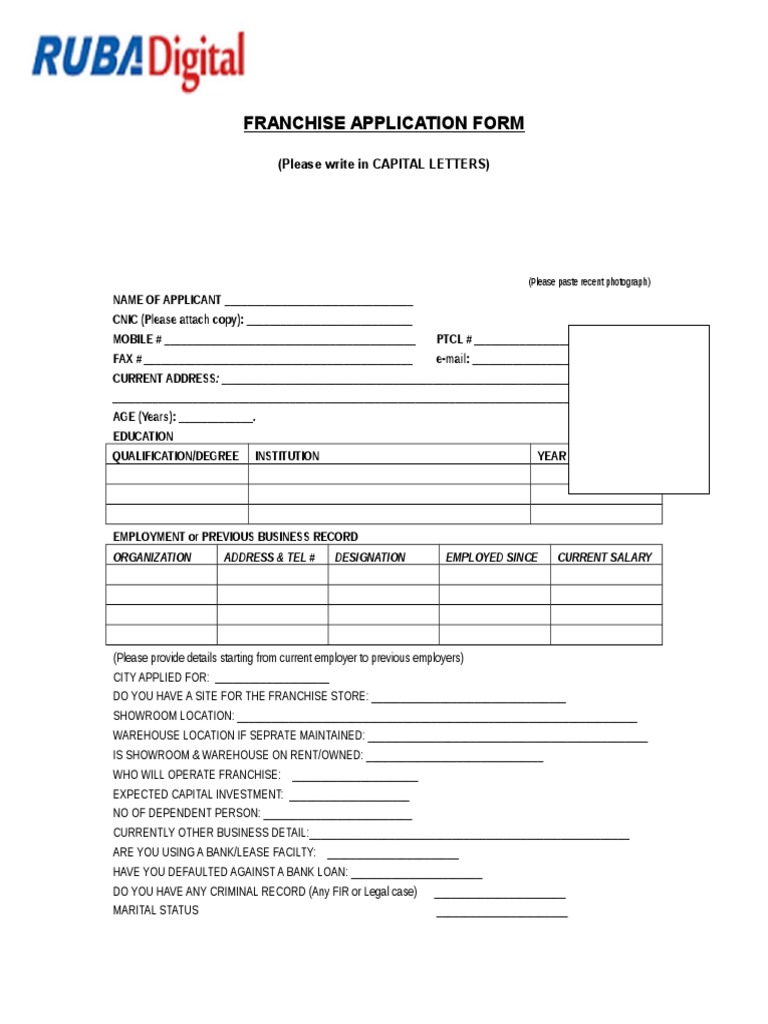 Franchisee Aplication Form | PDF