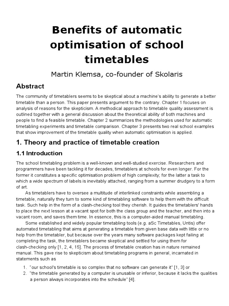 Benefits of Automatic Optimisation of School Timetables | PDF ...