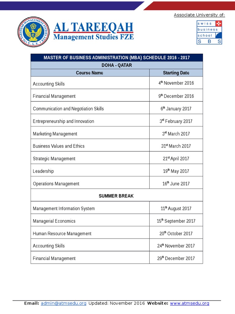 Associate University of Qatar's MBA Course Schedule for 2016-2017 with ...