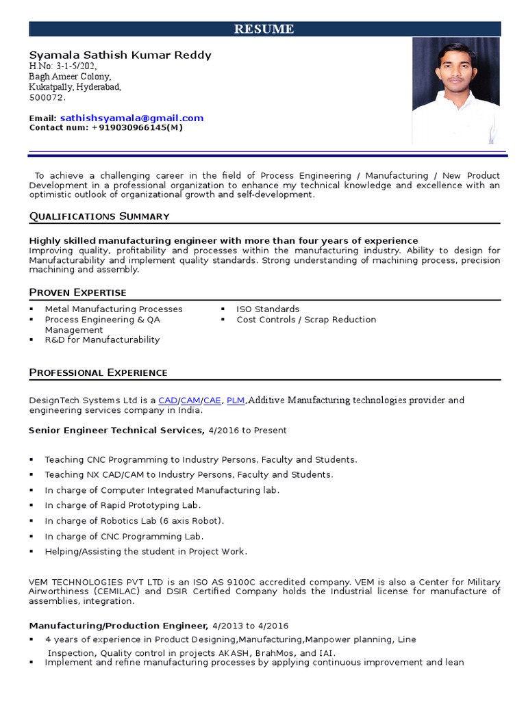 Satish Resume 2017 | PDF | Engineering | Production And Manufacturing