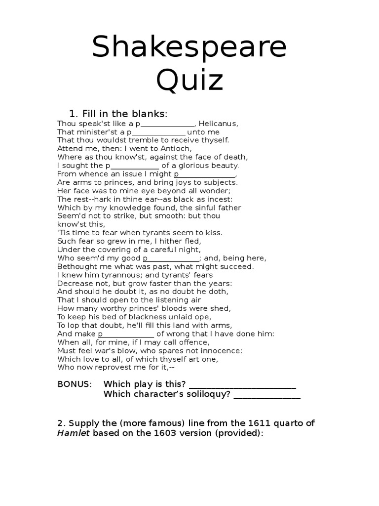 Shakespeare Quiz: 1. Fill in The Blanks | PDF