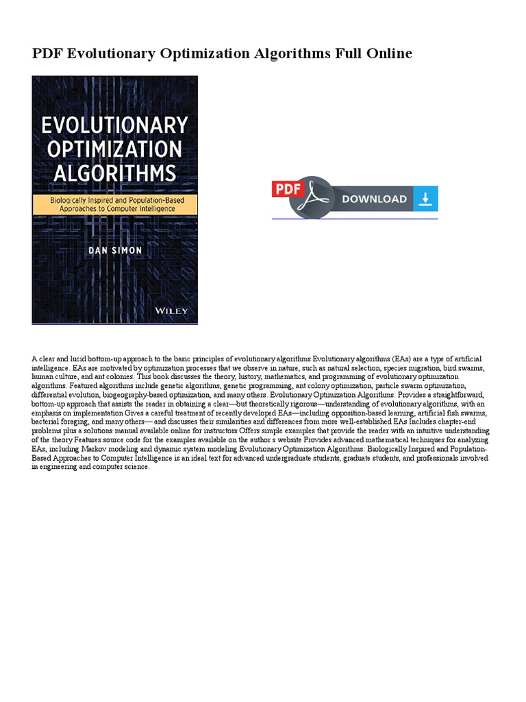Pdf Evolutionary Optimization Algorithms Full Online Book Details Pdf E Books Artificial