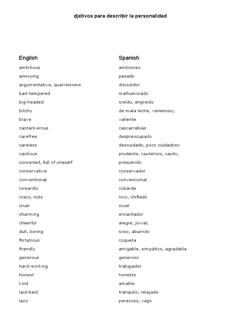 Adjetivos para Describir La Personalidad | PDF