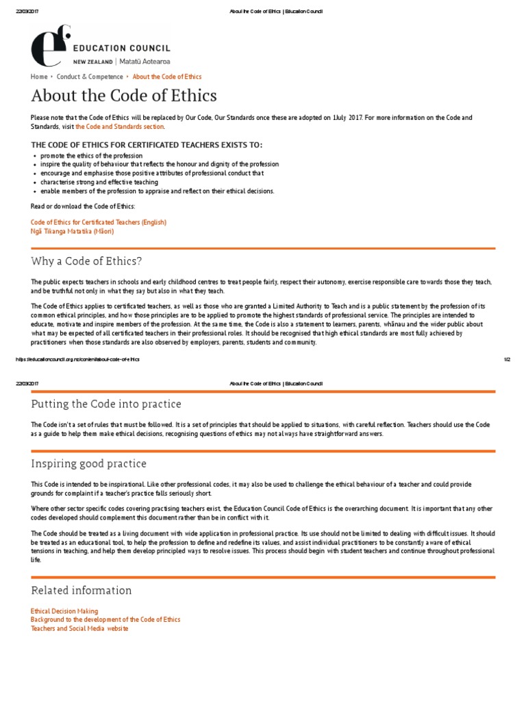 About The Code of Ethics - Education Council | PDF | Profession | Teachers
