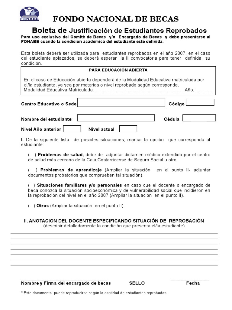 Boleta de Justificación de Estudiantes Reprobados | PDF