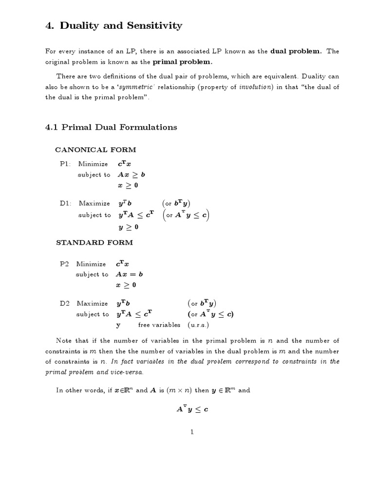 Duality and Sensitivity: 4.1 Primal Dual Formulations | PDF | Mathematical Optimization ...
