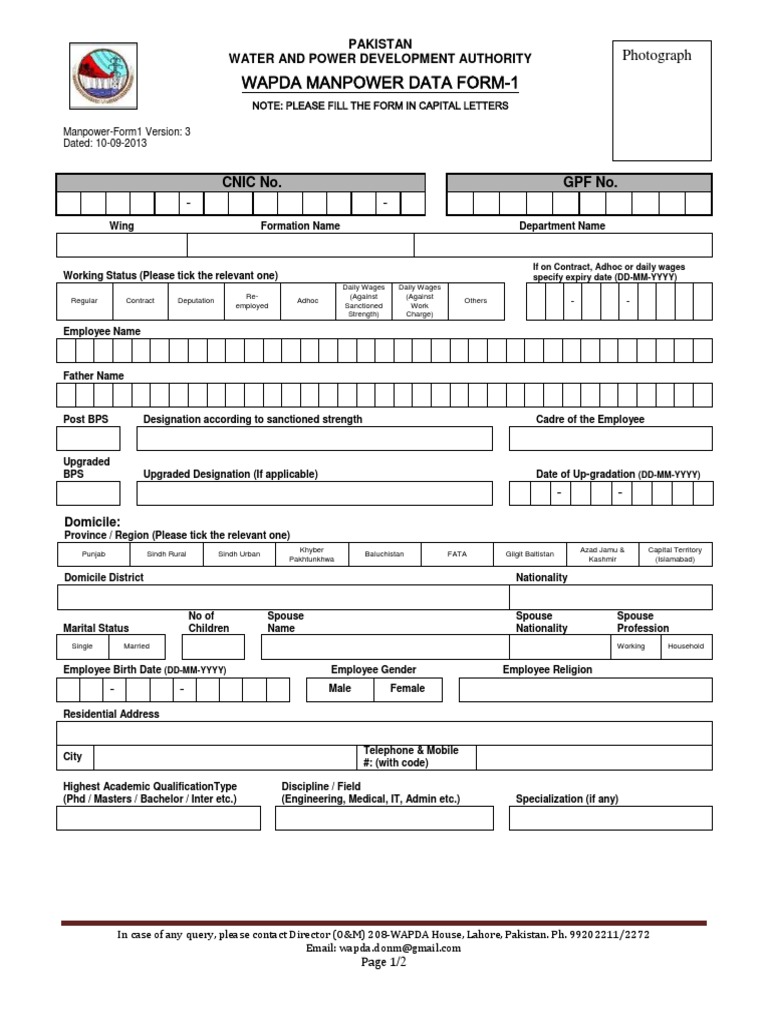 Wapda Manpower Data Form-1: Photograph | PDF | Pakistan | Business