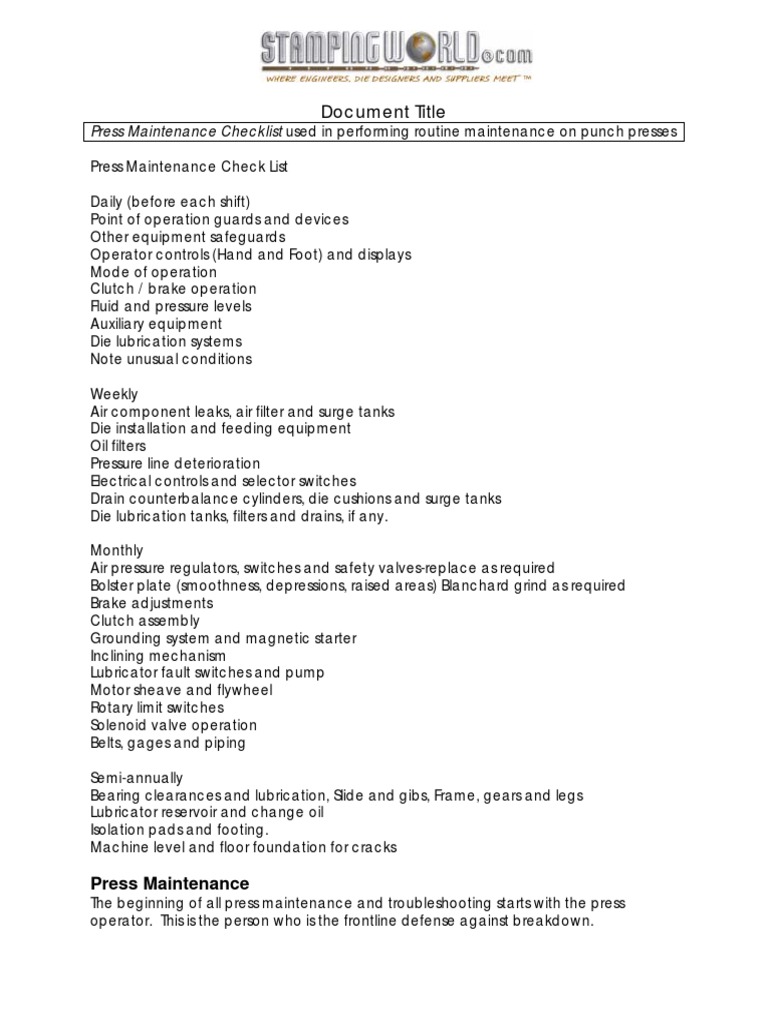 Press Maintenance Checklist Guide | PDF | Bearing (Mechanical ...