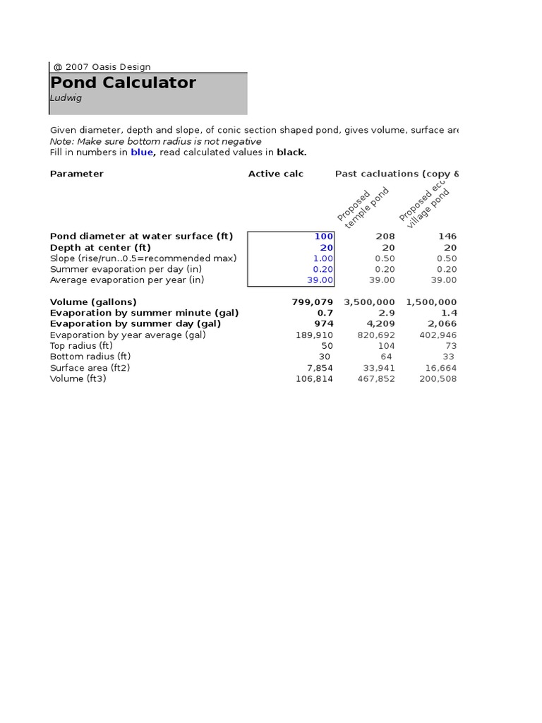 Pond Volume and Evaporation Calculator | PDF | Volume | Hydrology
