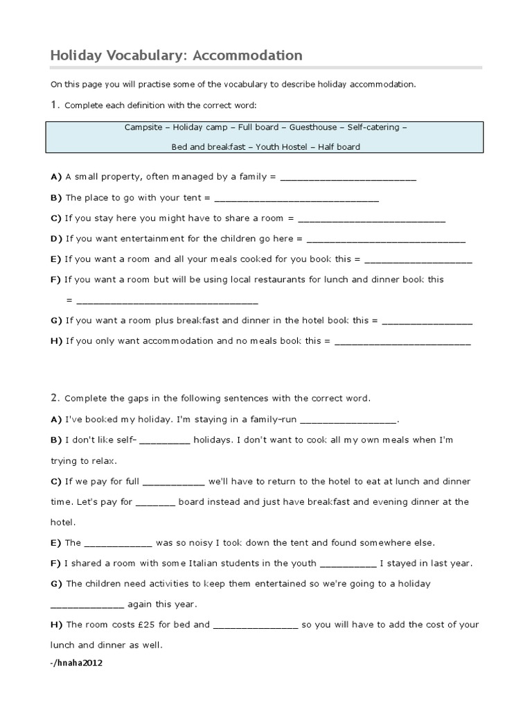 Holiday Vocabulary: Accommodation: - /hnaha2012 | PDF | Hostel | Meal
