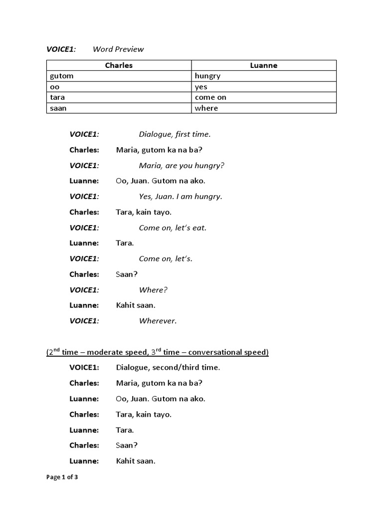 Filipino dialogue practice with translations | PDF | Foods