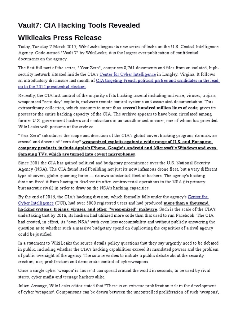 Vault7: CIA Hacking Tools Revealed Wikileaks Press Release | PDF ...