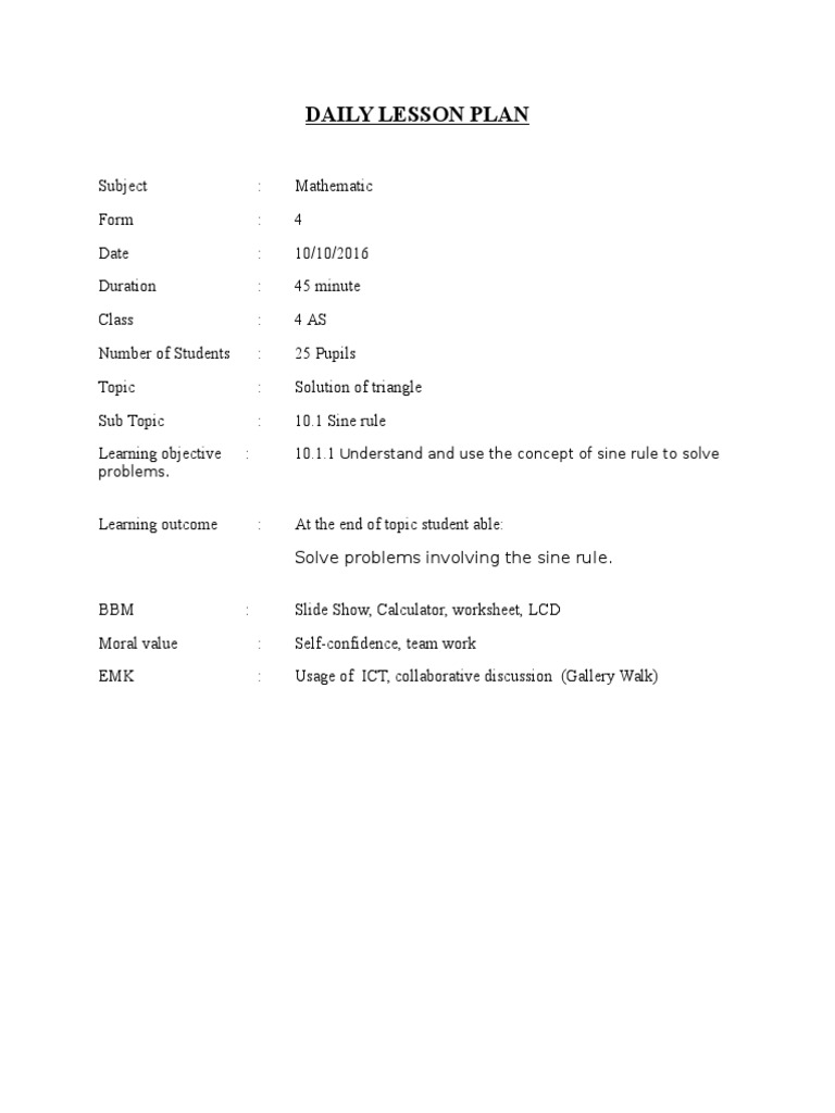 Daily Lesson Plan: Understand and Use The Concept of Sine Rule To Solve ...