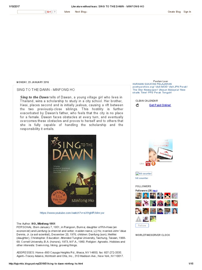 Literature Without Tears - Sing To The Dawn - Minfong Ho | PDF