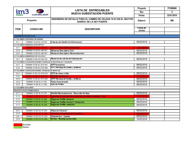 1509069 10 SE G LT 001 Lista de Entregables Rev_0.Xlsx | Ingeniería | Ingenieria Eléctrica