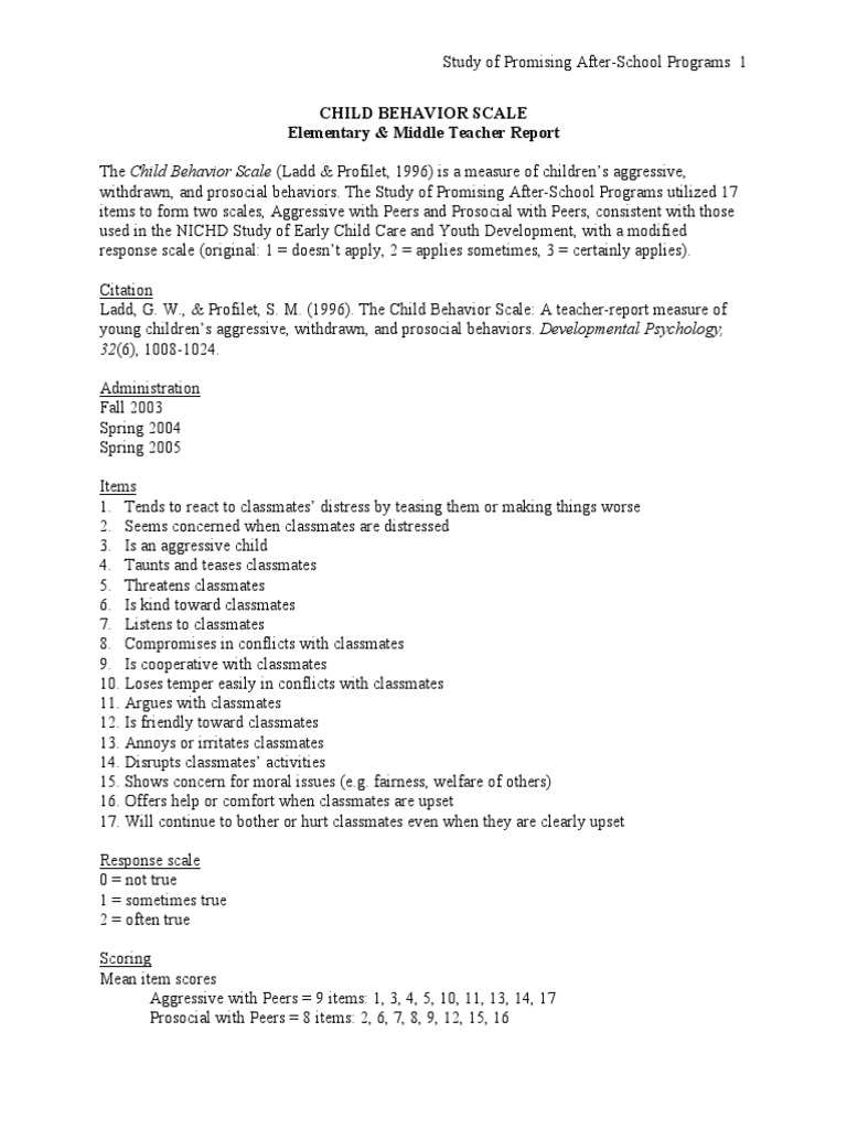 Child Behavior Scale Teacher Report Documentation | PDF | Clinical ...