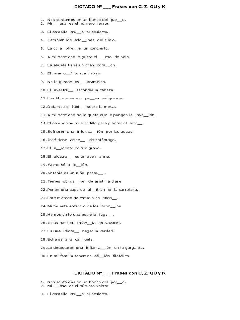 Dictado: Frases con C, Z, QU y K | PDF | Artes del Lenguaje y ...