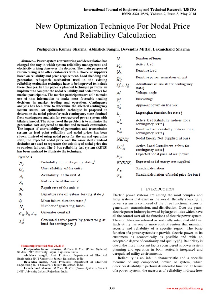 New Optimization Technique For Nodal Price and Reliability Calculation | PDF | Mathematical ...
