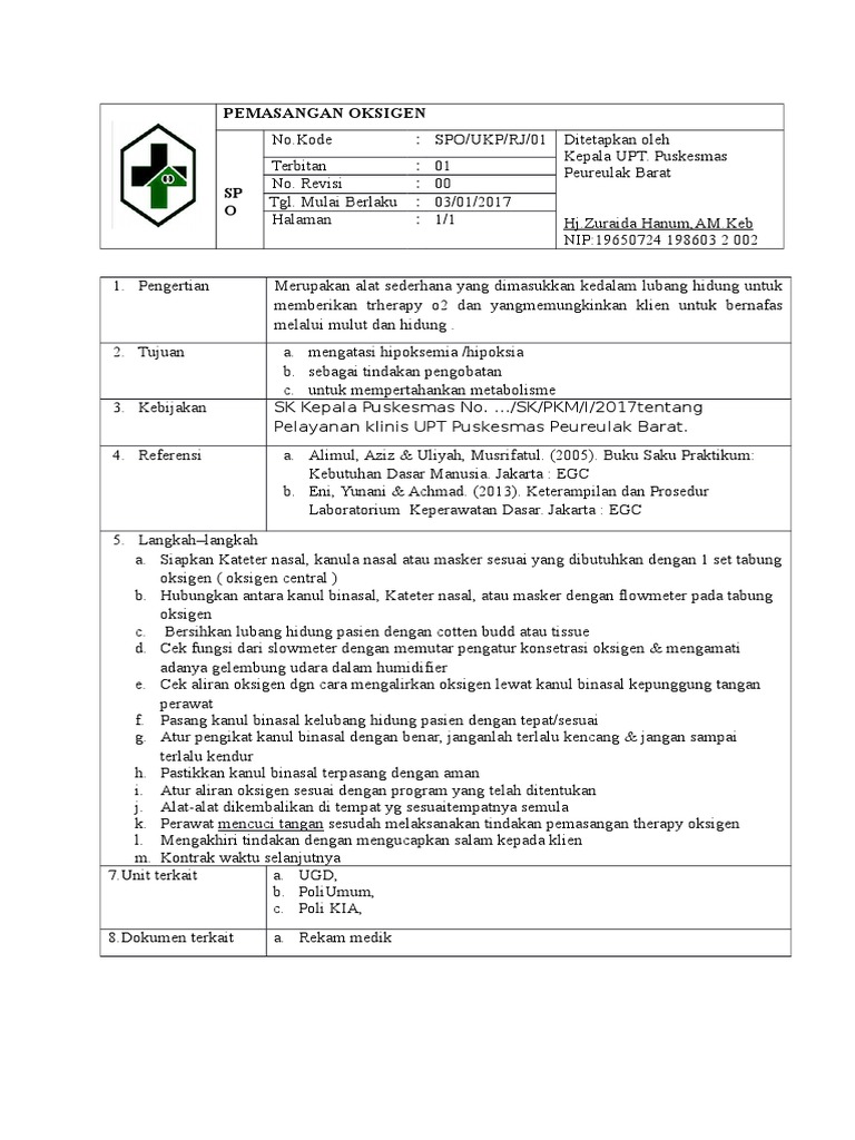Sop Pemasangan Oksigen (O2) | PDF