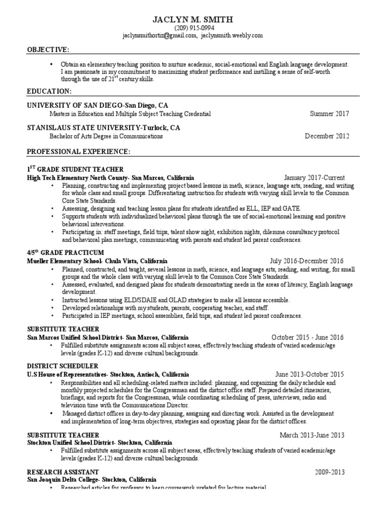 Elementary Teacher Resume of Jaclyn Smith | PDF | Individualized ...