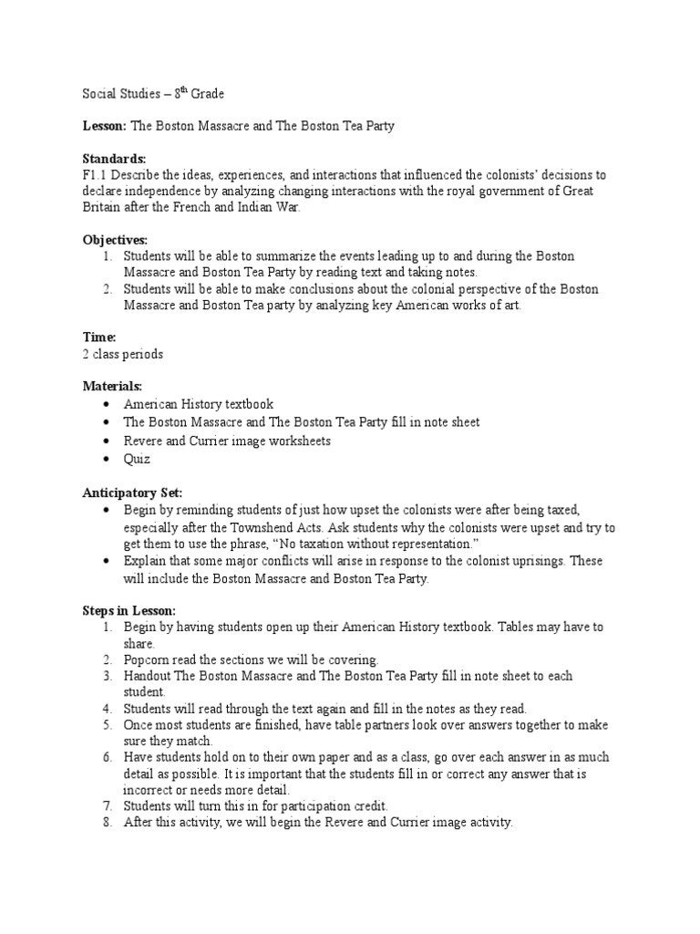 Boston Massacre and Boston Tea Party Lesson | PDF | Communication ...