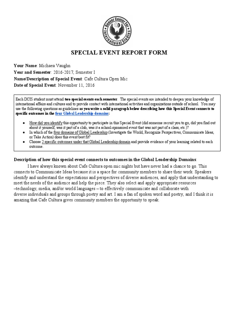 Special Event Report Form: Your Name Year and Semester Name/Description ...