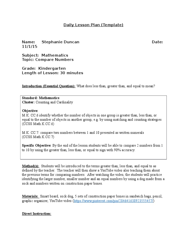 Comparing Numbers Lesson Plan | PDF | Lesson Plan | Educational Psychology