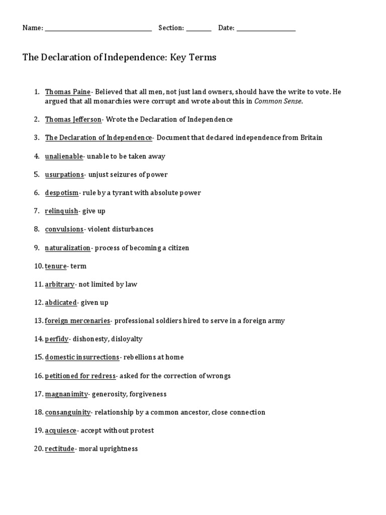 Declaration of Independence Vocabulary | PDF