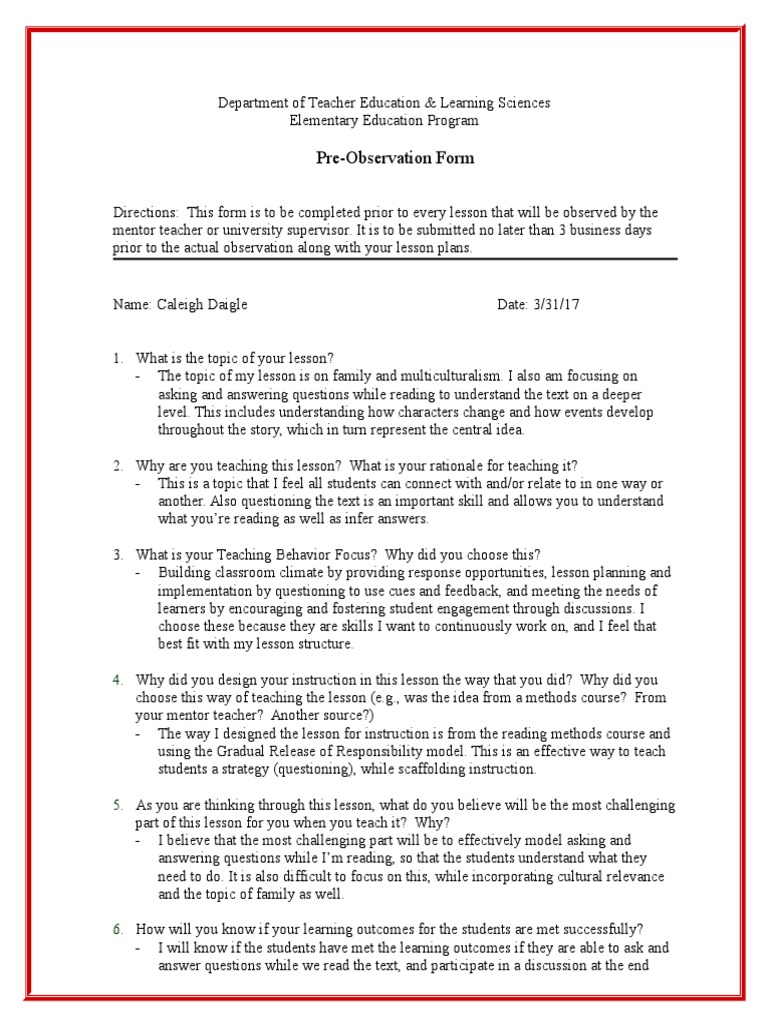 Pre-Observation Form | PDF | Lesson | Classroom Management