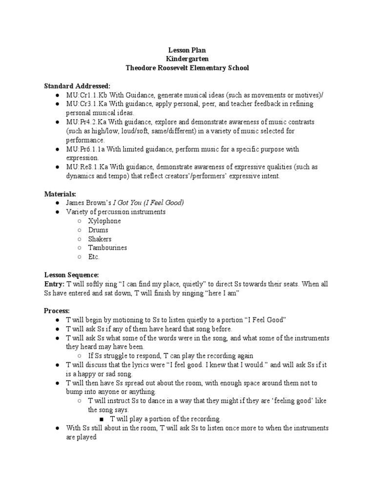 Lesson Plan Kindergarten Theodore Roosevelt Elementary School Standard ...